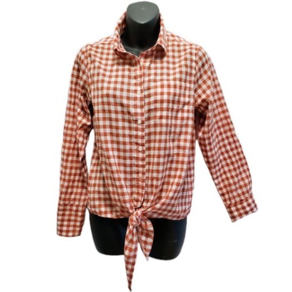 J. Crew | Tops | J Crew Gingham Burnt Orange Tiefront Long Sleeve Shirt ...